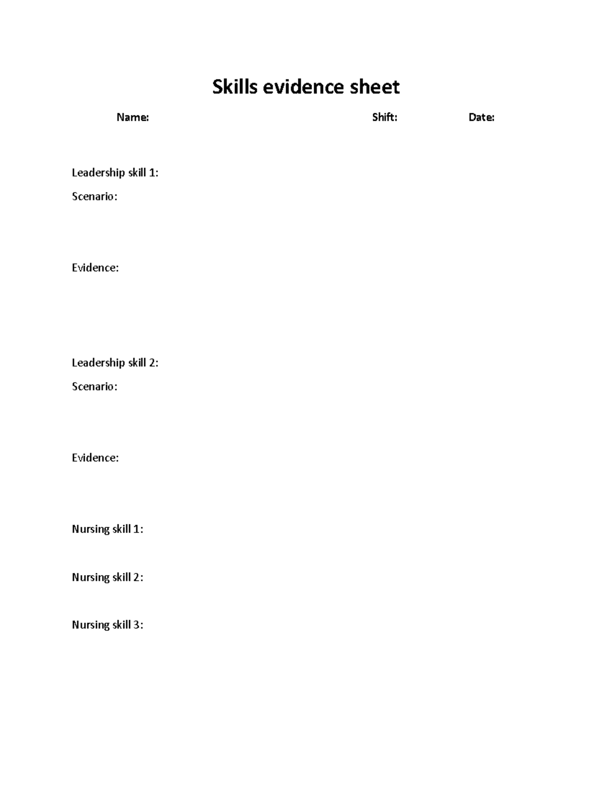 Skill evidence sheet - Clinical paperwork for everything we need in ...