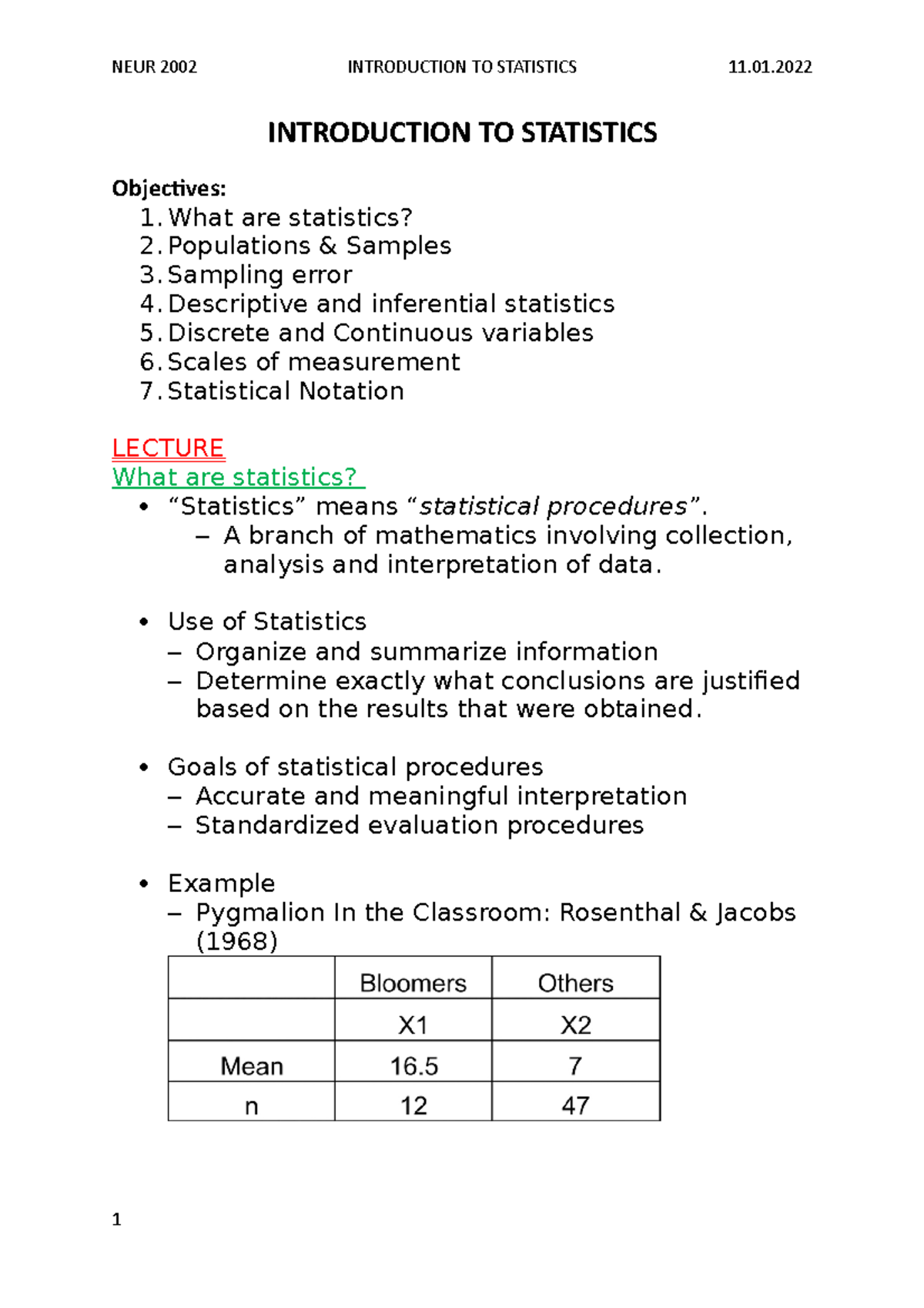 1. Introduction TO Statistics (11.01.2022) - INTRODUCTION TO STATISTICS ...