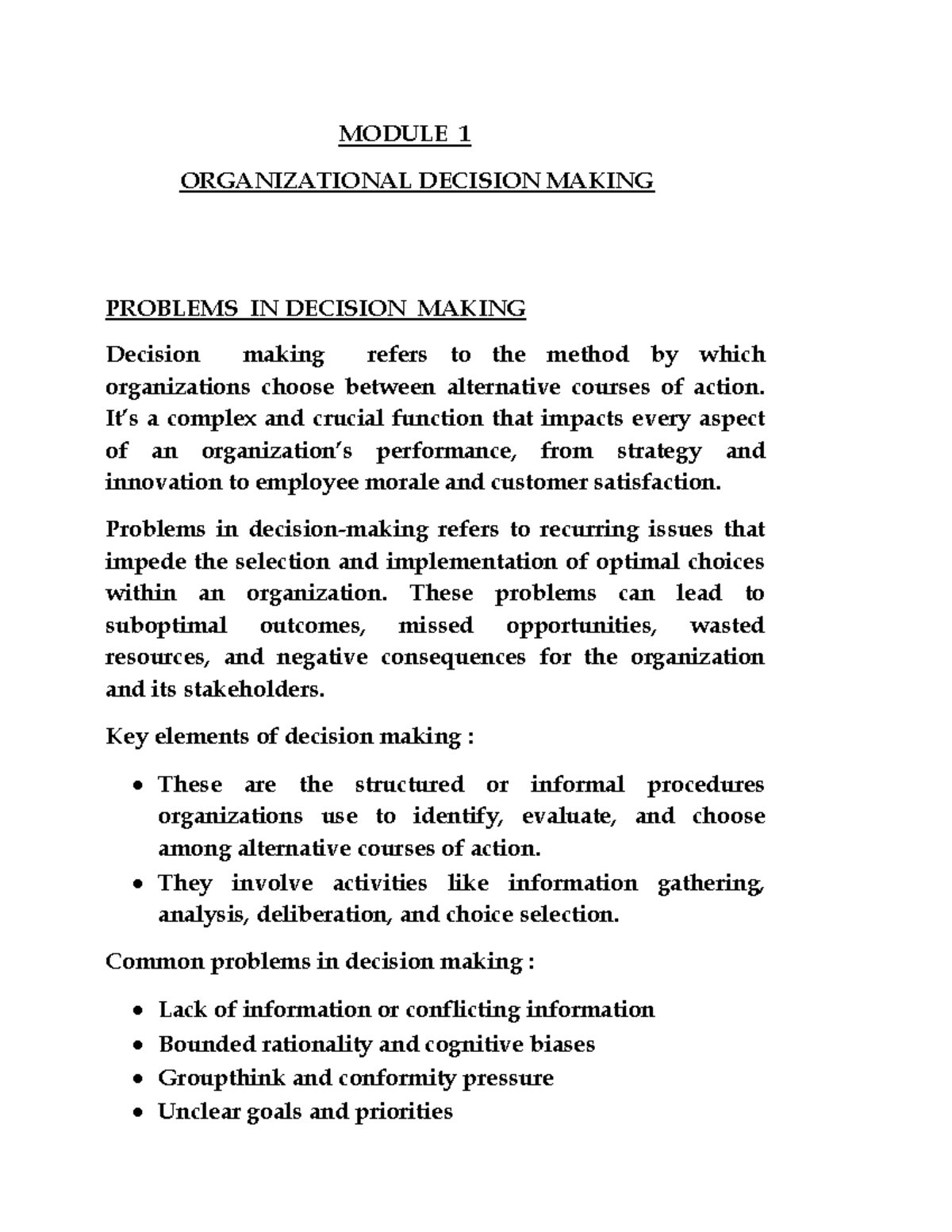 Decision making - MODULE 1 ORGANIZATIONAL DECISION MAKING PROBLEMS IN ...