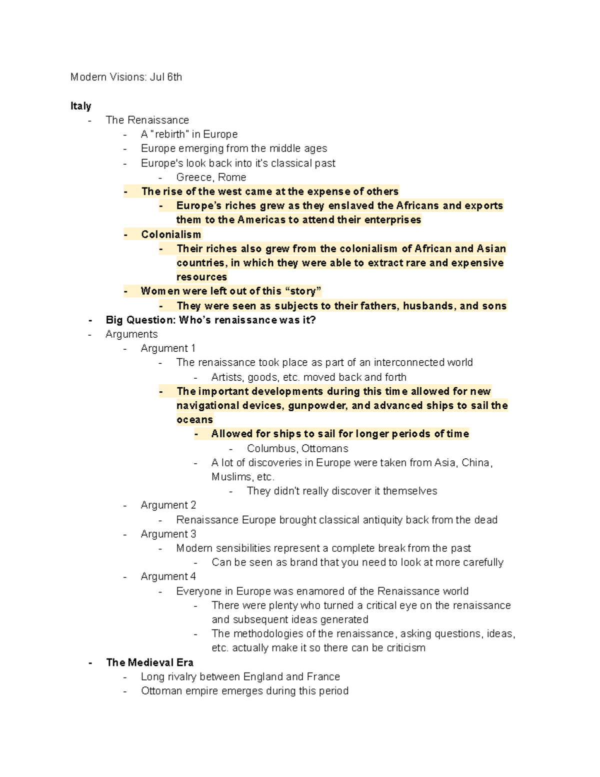 Modern Visions Notes - Modern Visions: Jul 6th Italy - The Renaissance ...