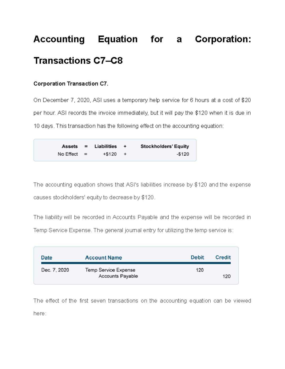 Accounting Equation for a Corporation - Accounting Equation for a ...