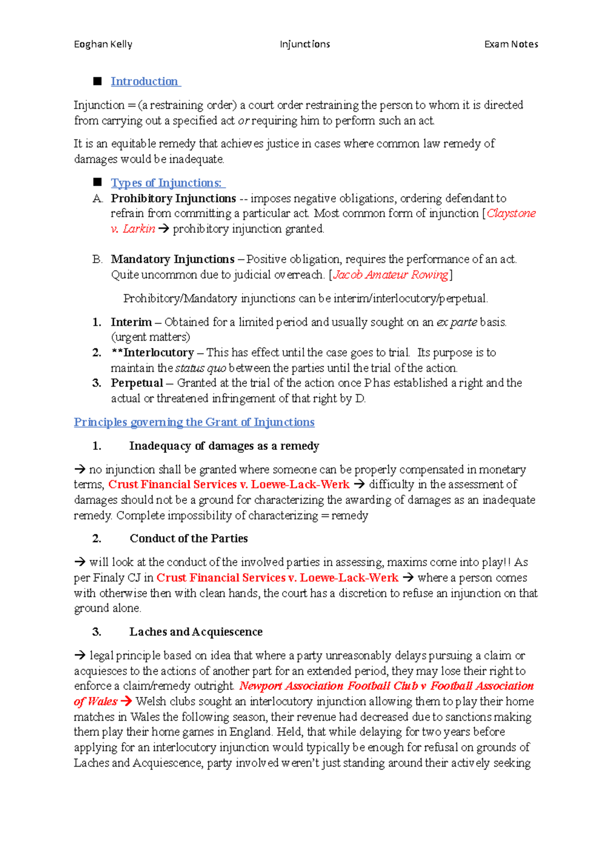 Injunction Notes - Introduction Injunction = (a restraining order) a ...