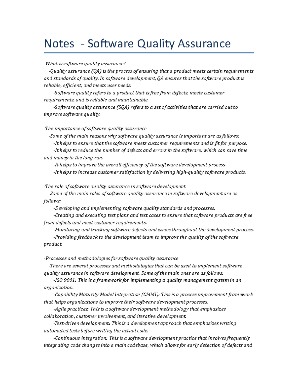Lecture notes - Software Quality Assurance - Notes - Software Quality ...