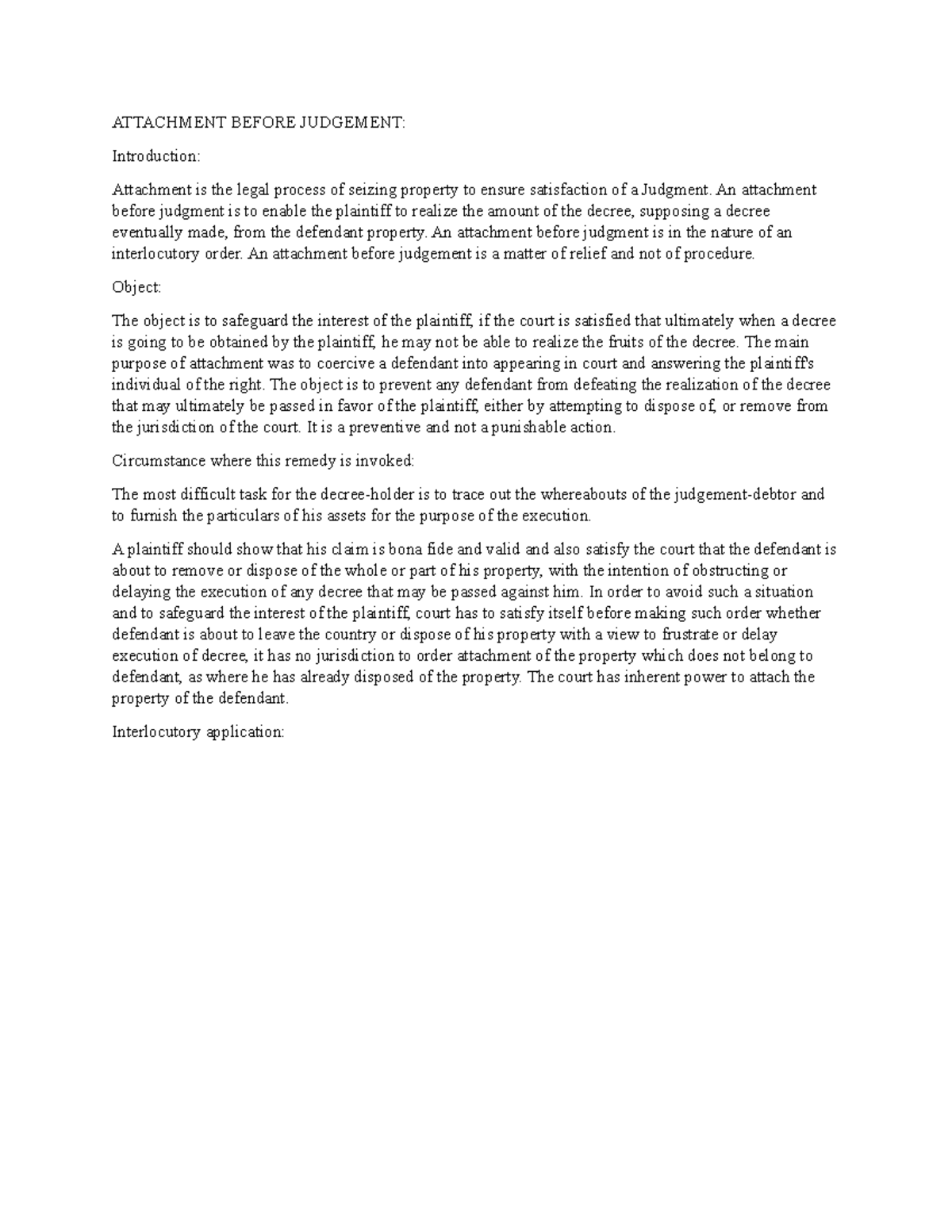 Attachment Before Judgement - ATTACHMENT BEFORE JUDGEMENT: Introduction ...