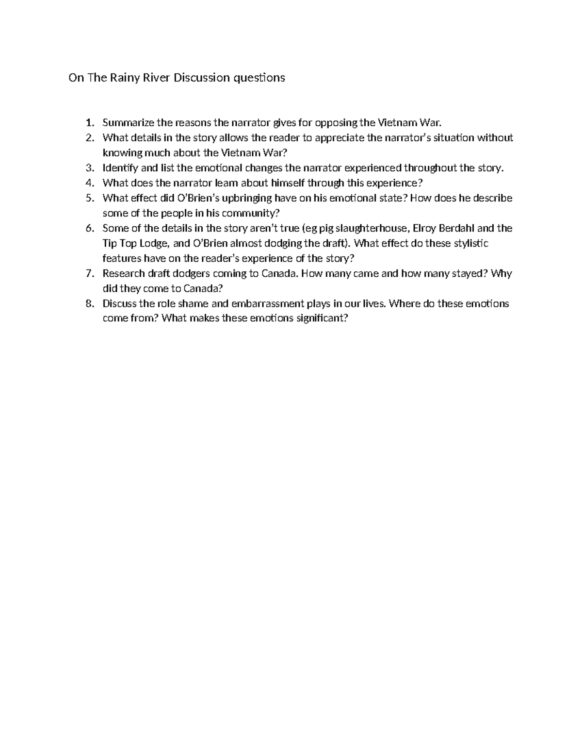 On the rainy river discussion questions - On The Rainy River Discussion ...