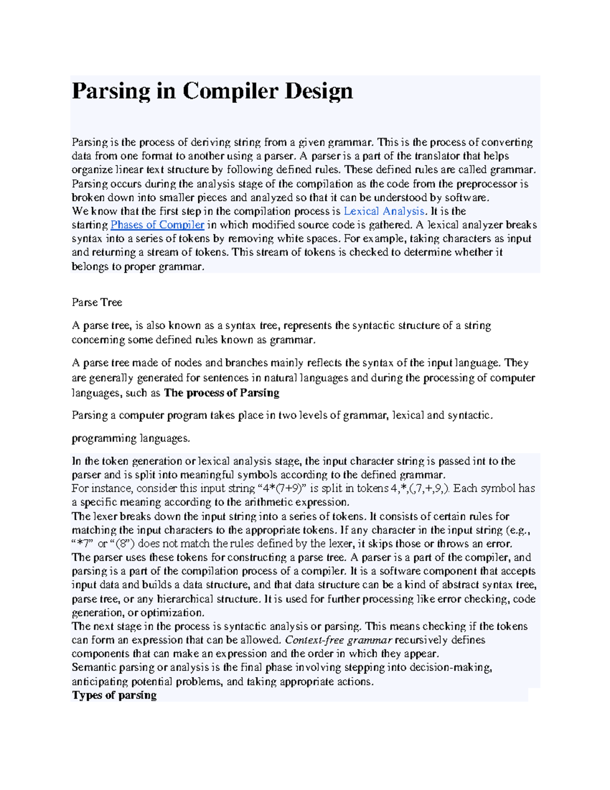 Unit 2 Compiler Design Parsing In Compiler Design Parsing Is The Process Of Deriving String