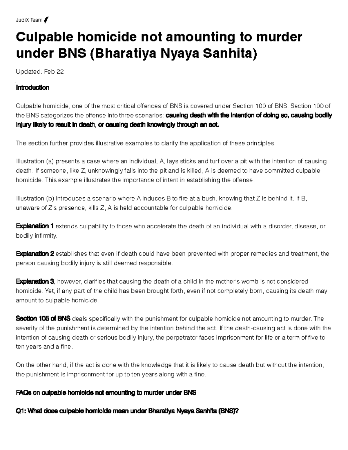 Culpable homicide not amounting to murder under BNS (Bharatiya Nyaya Sanhita) - JudiX Team ...