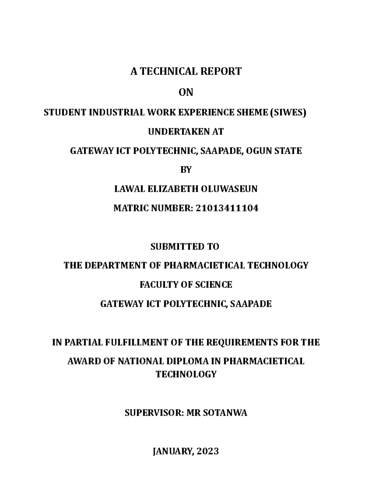 A Technical Report pharm technology - A TECHNICAL REPORT ON STUDENT ...