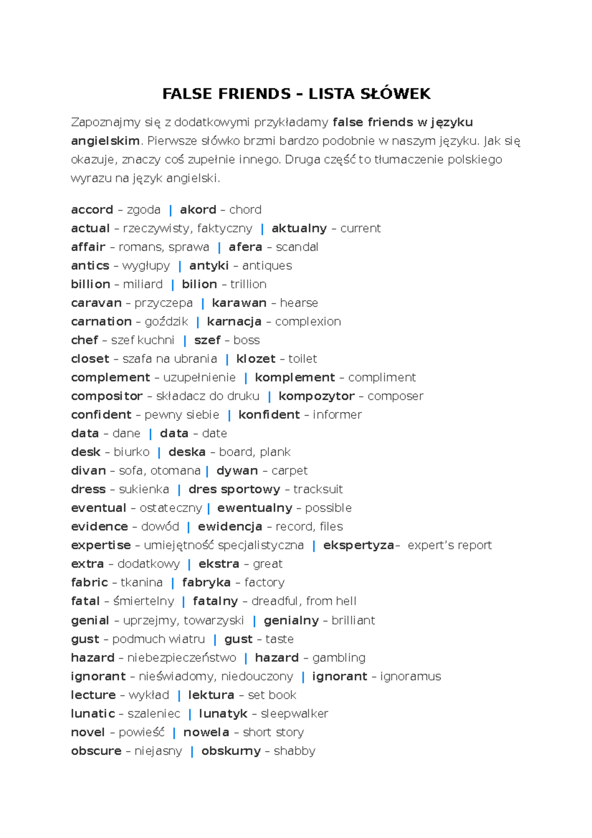False Friends - lista, przykłady - FALSE FRIENDS – LISTA SŁÓWEK ...