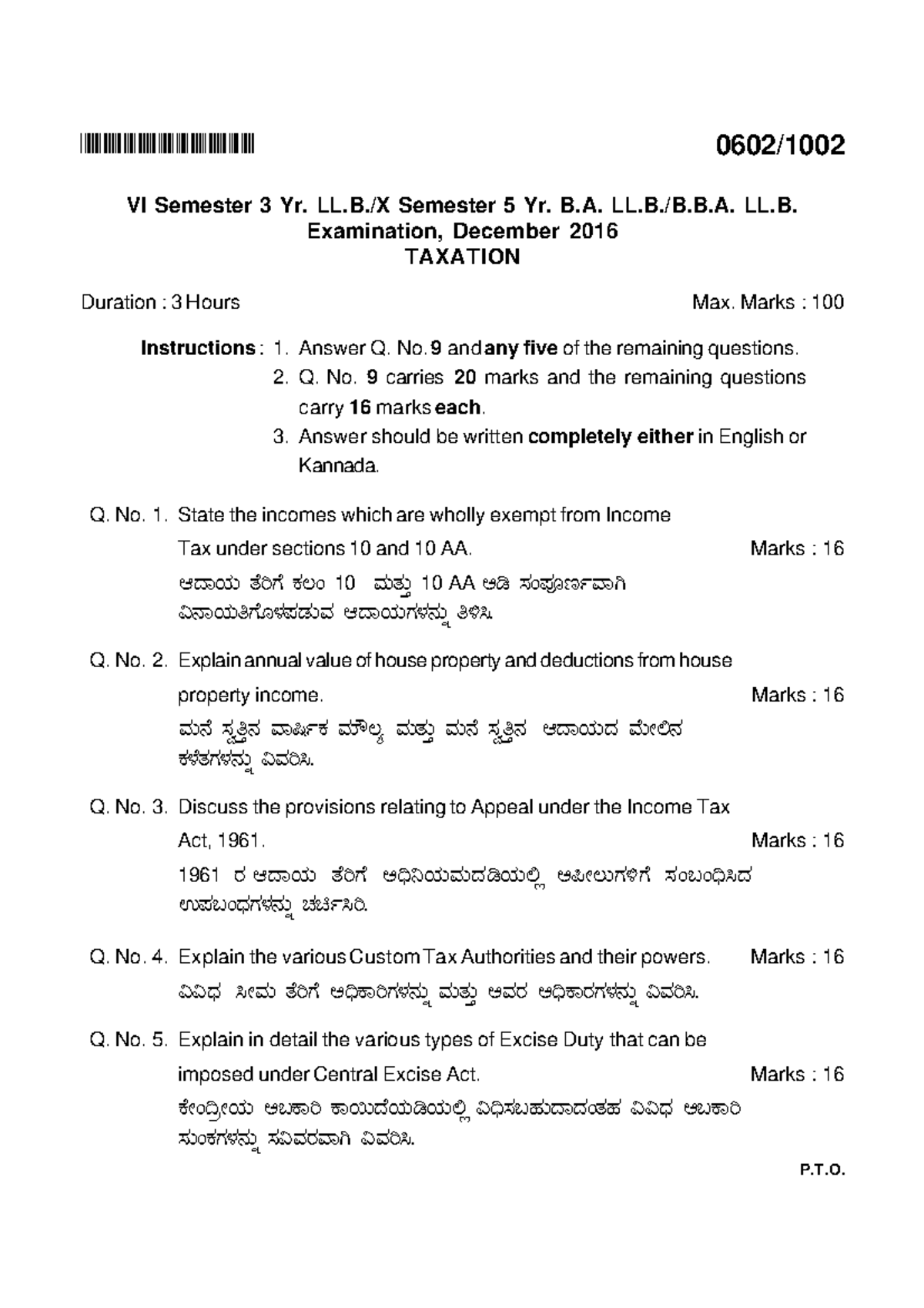 Tax Question Papers - BHTHPIHHPB 0602/ VI Semester 3 Yr. LL./X Semester ...