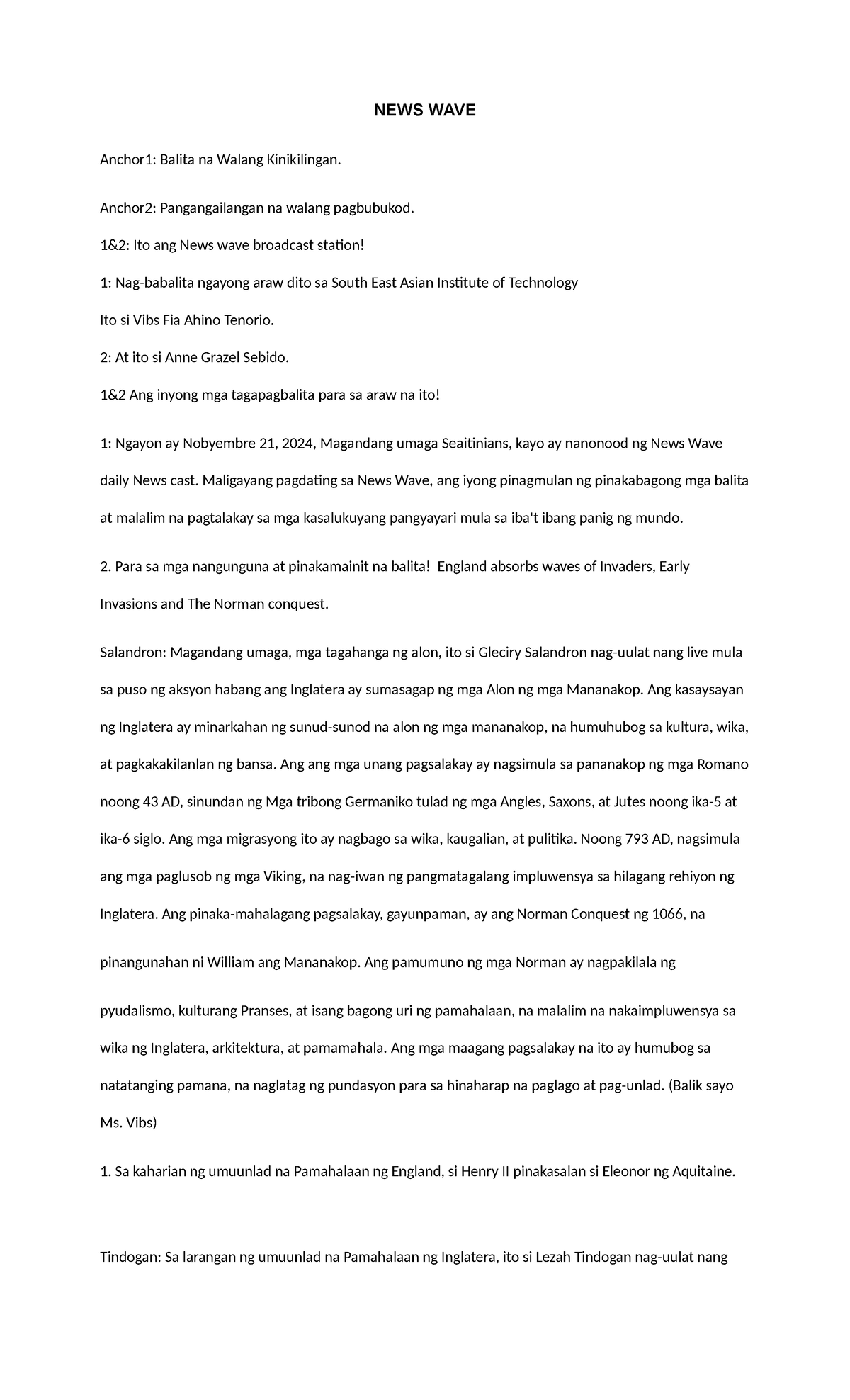 Tagalog- Broadcast - NEWS WAVE Anchor1: Balita na Walang Kinikilingan ...