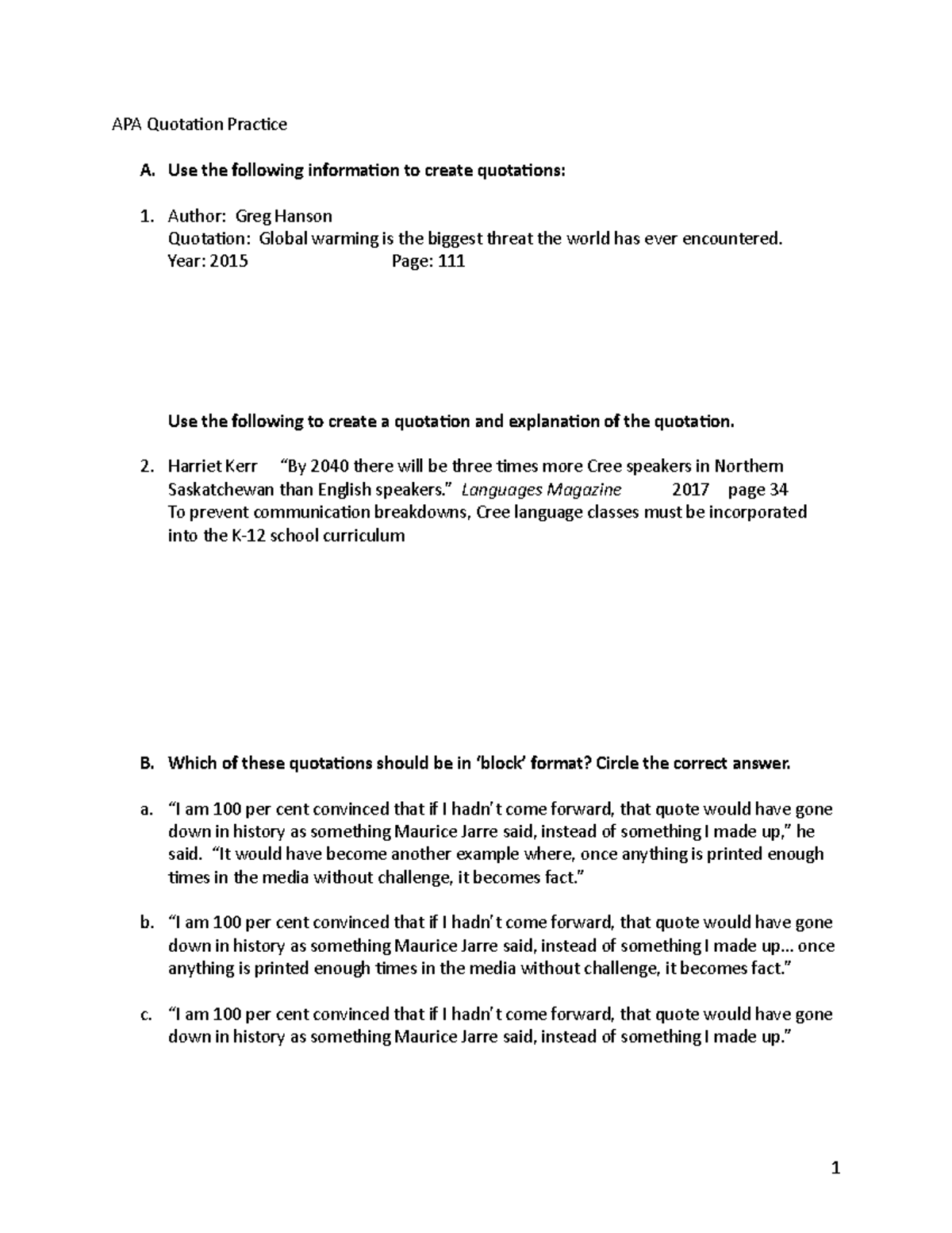 APA Quotation Practice Winter 2018 - APA Quotation Practice A. Use the ...