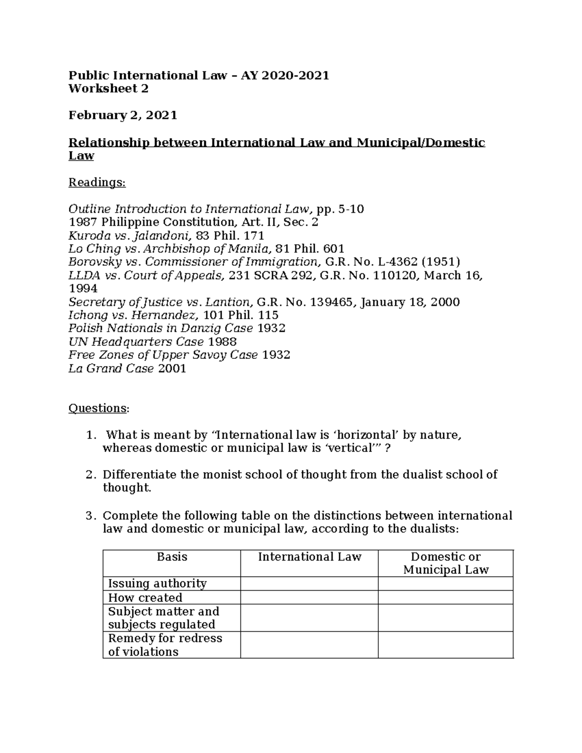 Worksheet 2 - Week 2 - Public International Law – AY 2020- Worksheet 2 ...