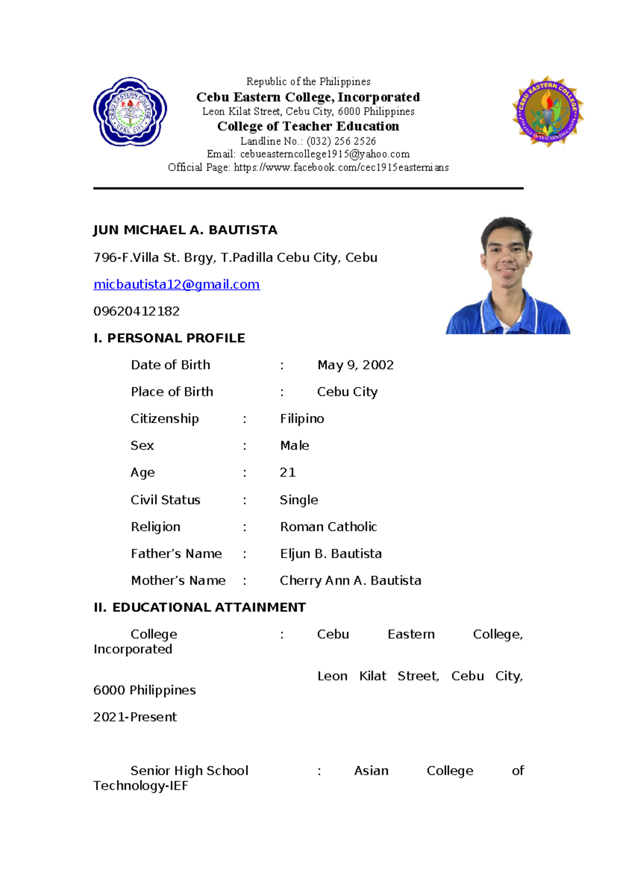 Example-Curriculum-Vitae - Republic of the Philippines Cebu Eastern ...