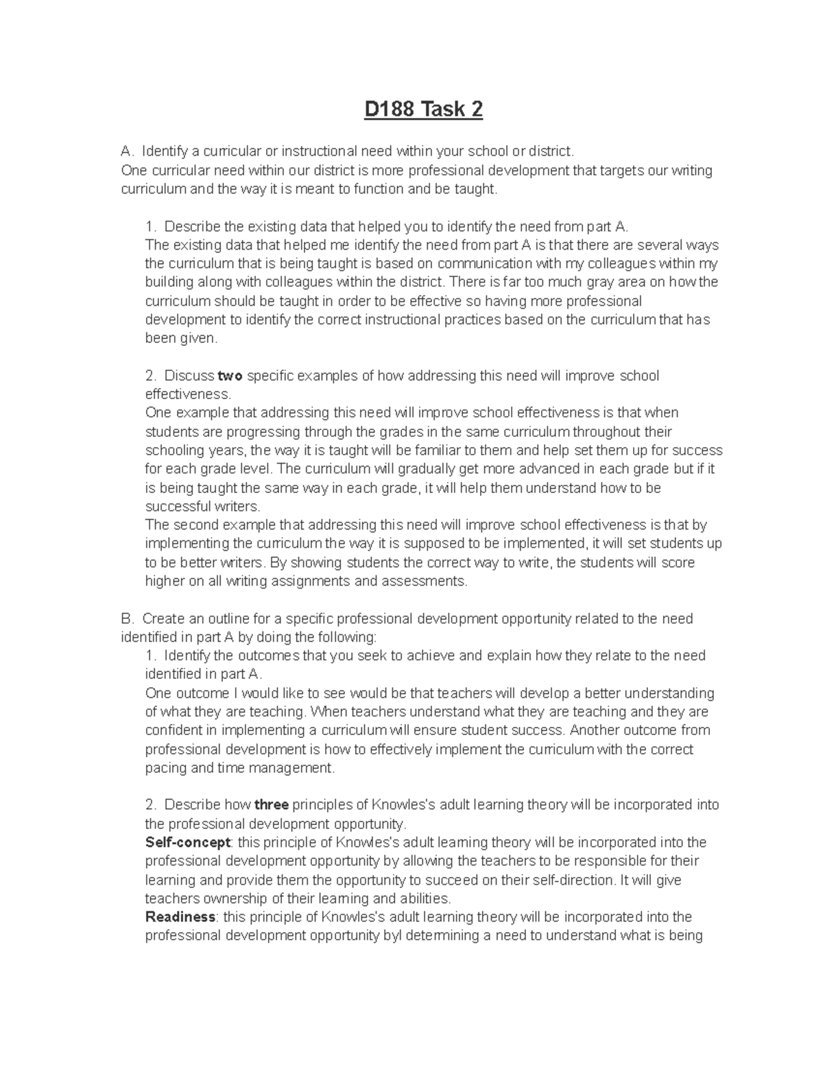 D188 Task 2 (Revision 1) - D188 Task 2 A. Identify a curricular or ...