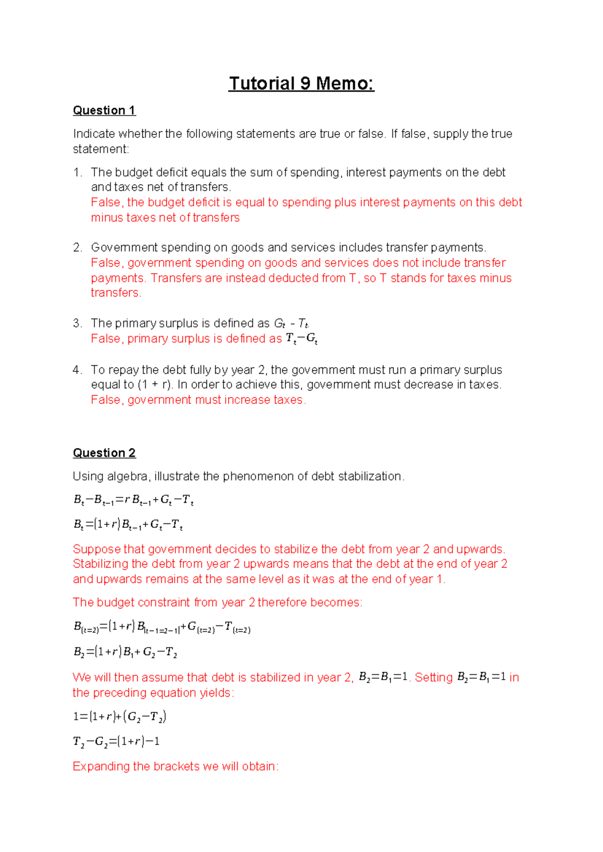 ECO 2A Tutorial 9 Worksheet Memo - Tutorial 9 Memo: Question 1 Indicate whether the following ...