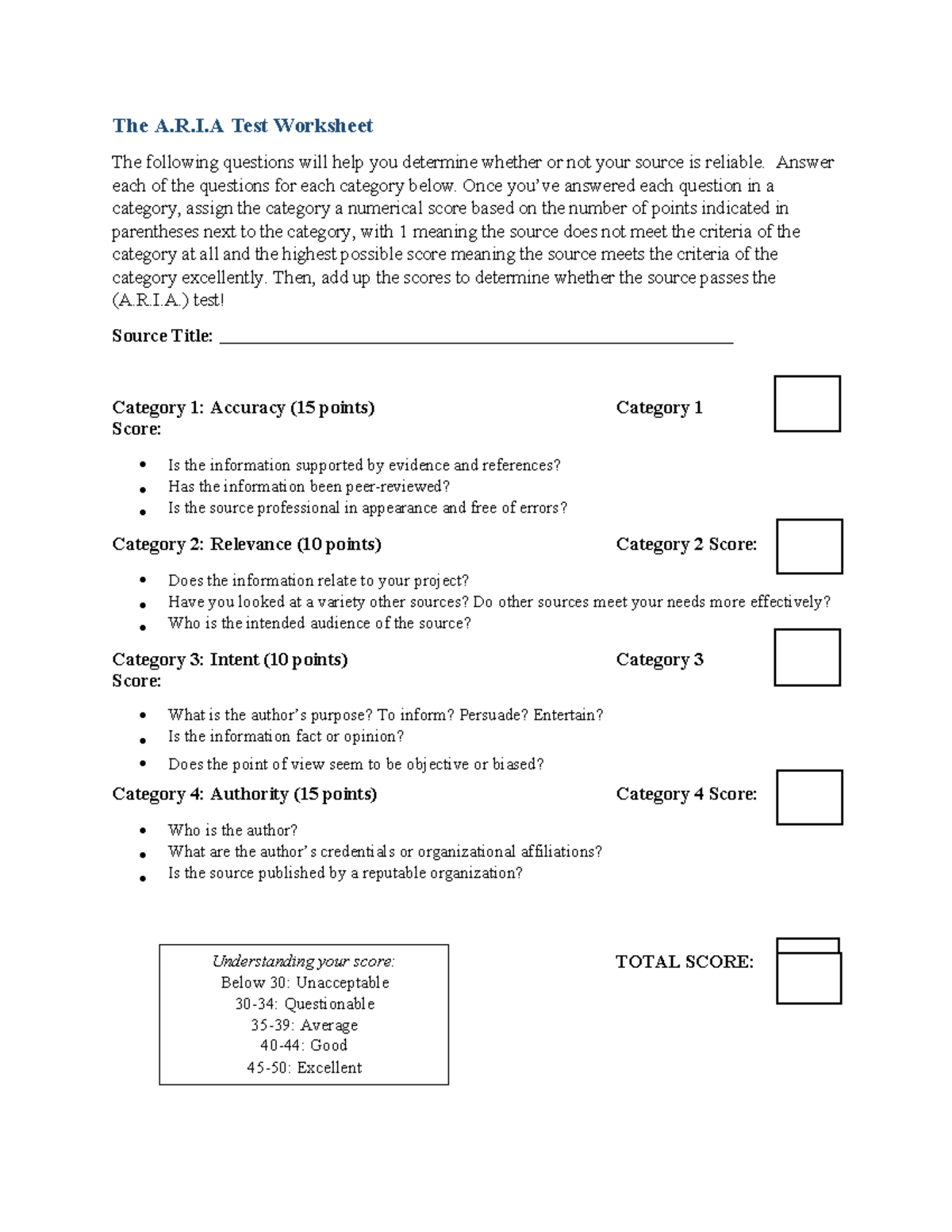 ARIA Test Worksheet - The A.R.I Test Worksheet The following questions ...