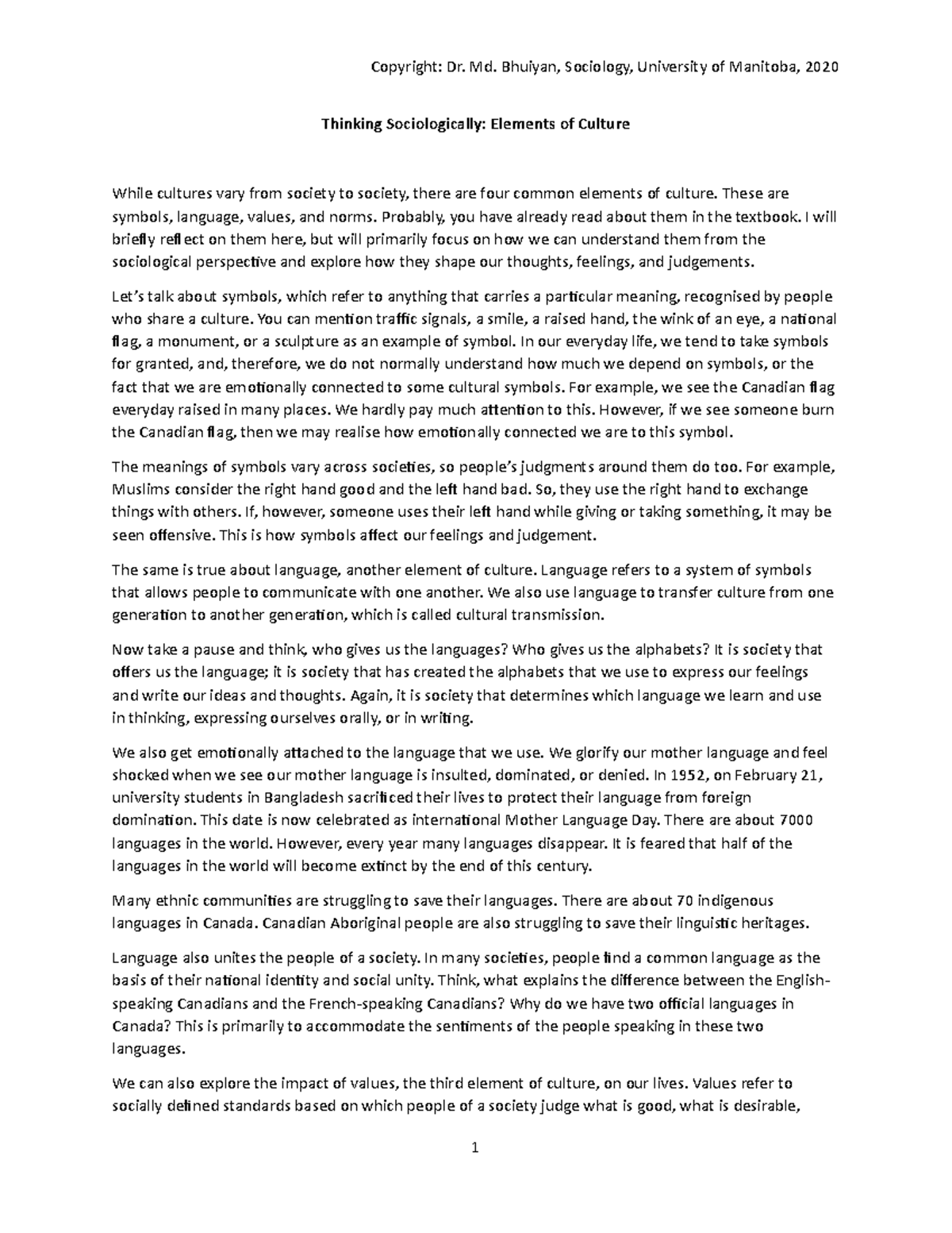 Script- Thinking Sociologically-Elements of Culture - Soc - 1000 A05 ...