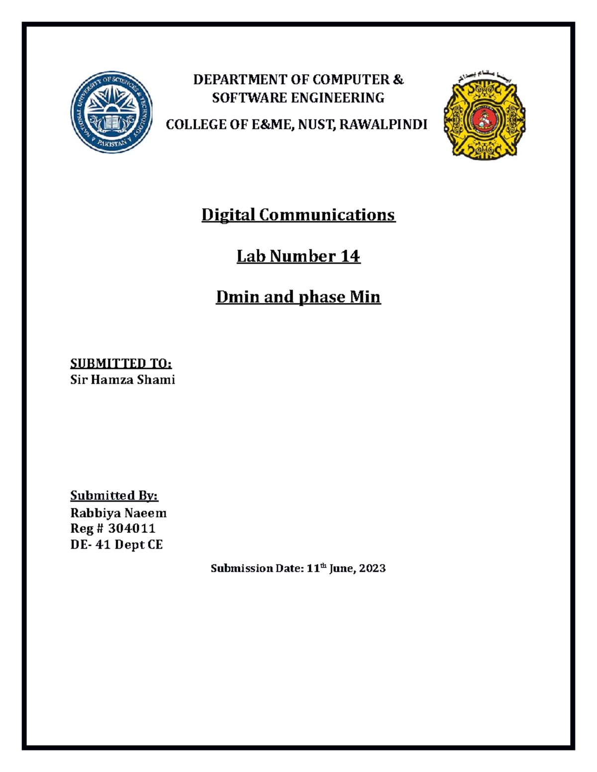 DC Lab 14 - Lab work - DEPARTMENT OF COMPUTER & SOFTWARE ENGINEERING COLLEGE OF E&ME, NUST ...