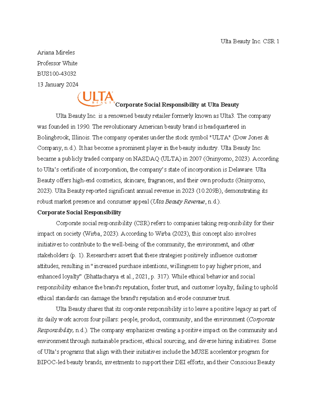 Ariana Mireles Ulta - assignment - Ulta Beauty Inc. CSR 1 Ariana ...