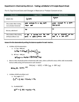Chemical Equilibrium Post Lab - Experiment 4: Chemical Equilibrium ...