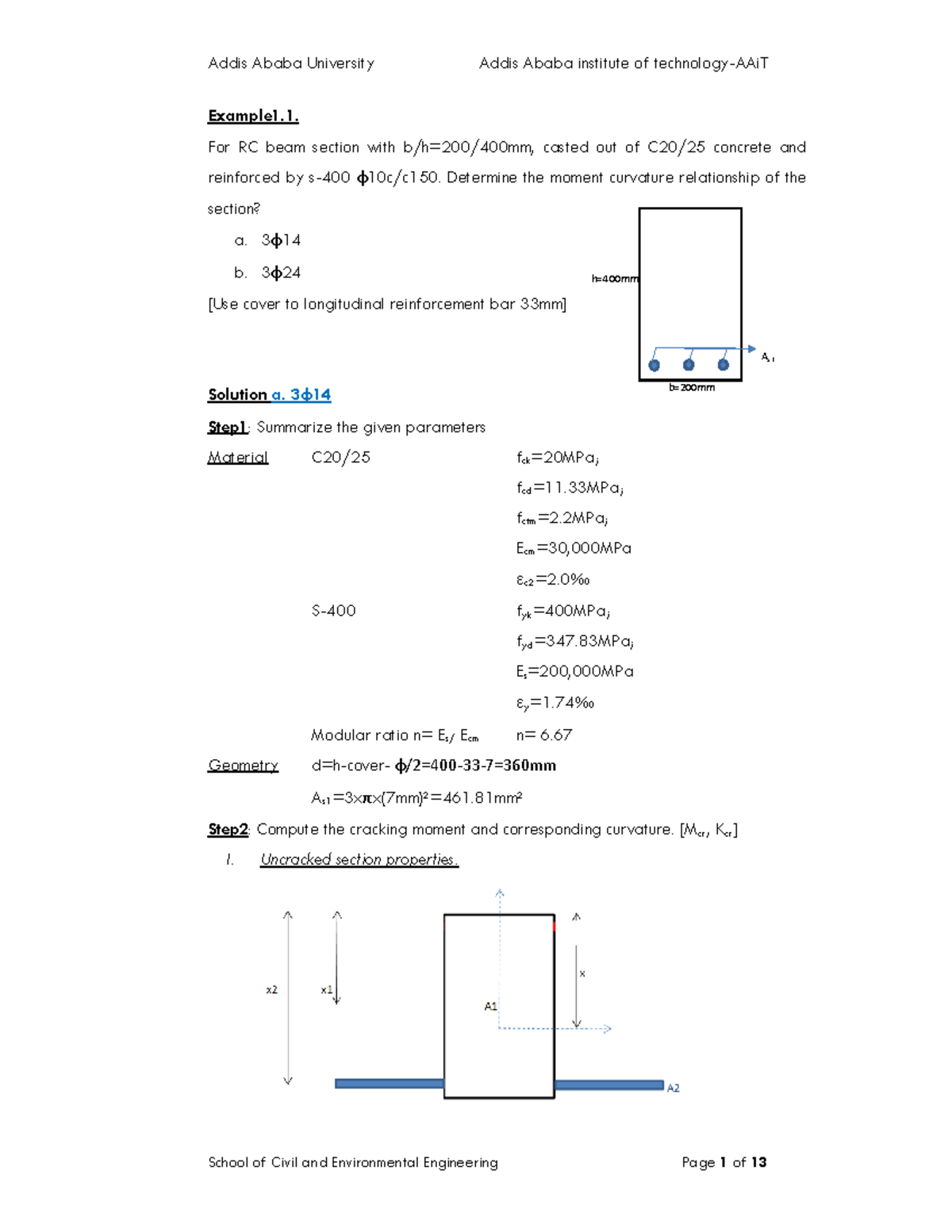 Chapter 1 Example 1 (a and b) - Example1. For RC beam section with b/h ...