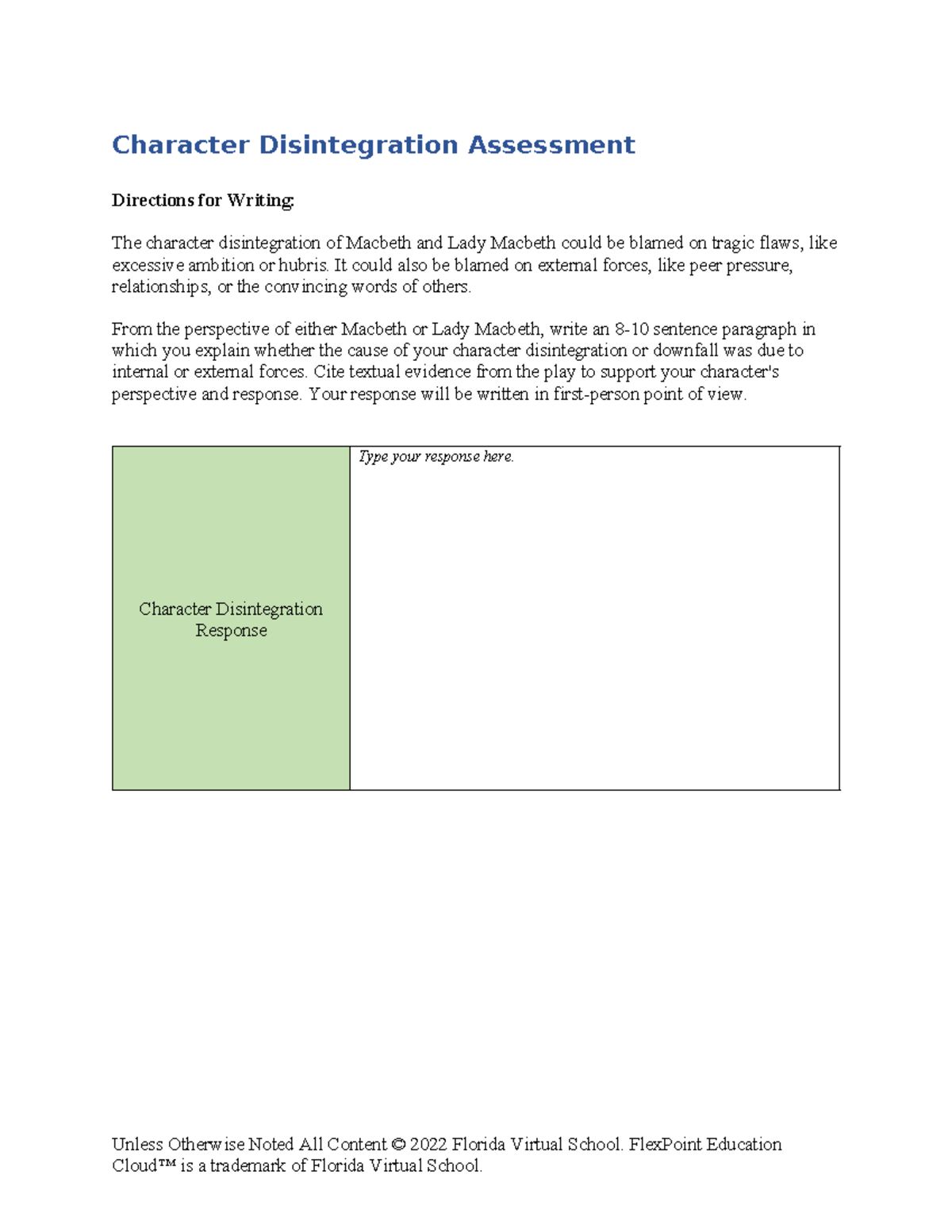 Character disintegration rubric - Character Disintegration Assessment ...