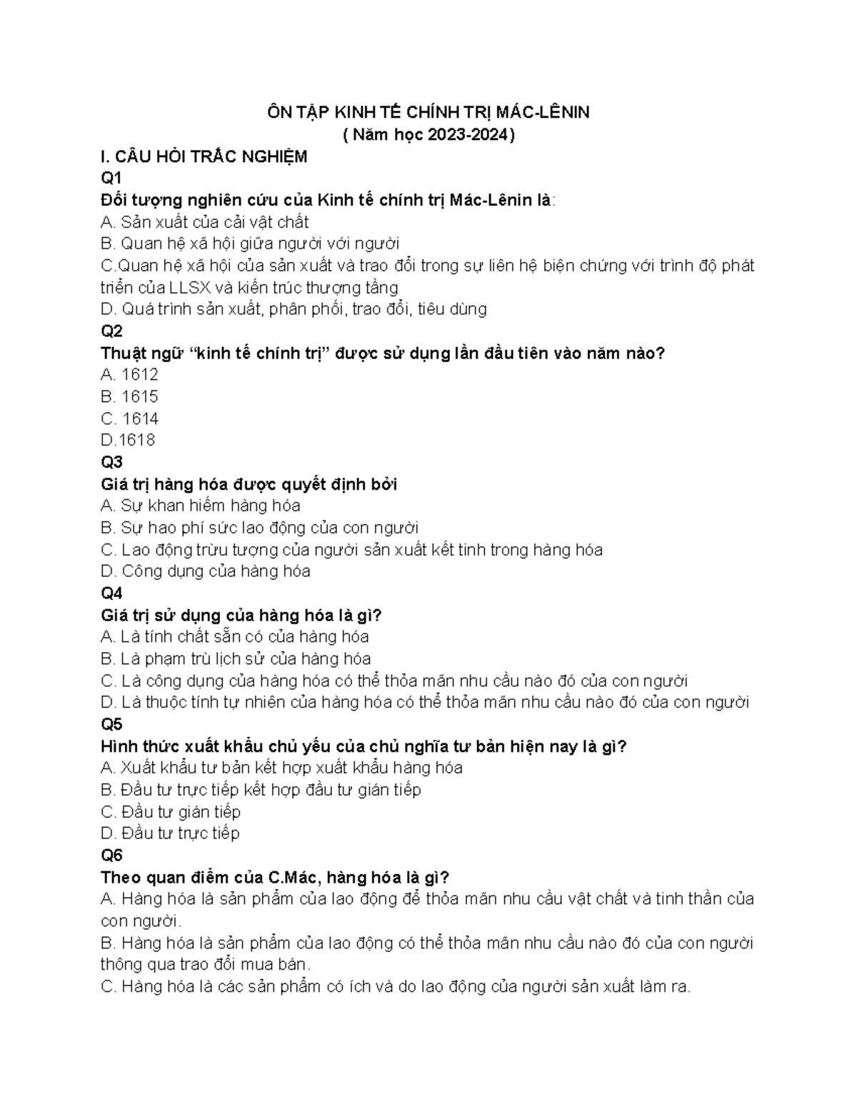 ôn tập KTCT 2023-2024 - ghjn - ÔN TẬP KINH TẾ CHÍNH TRỊ MÁC-LÊNIN ( Năm ...