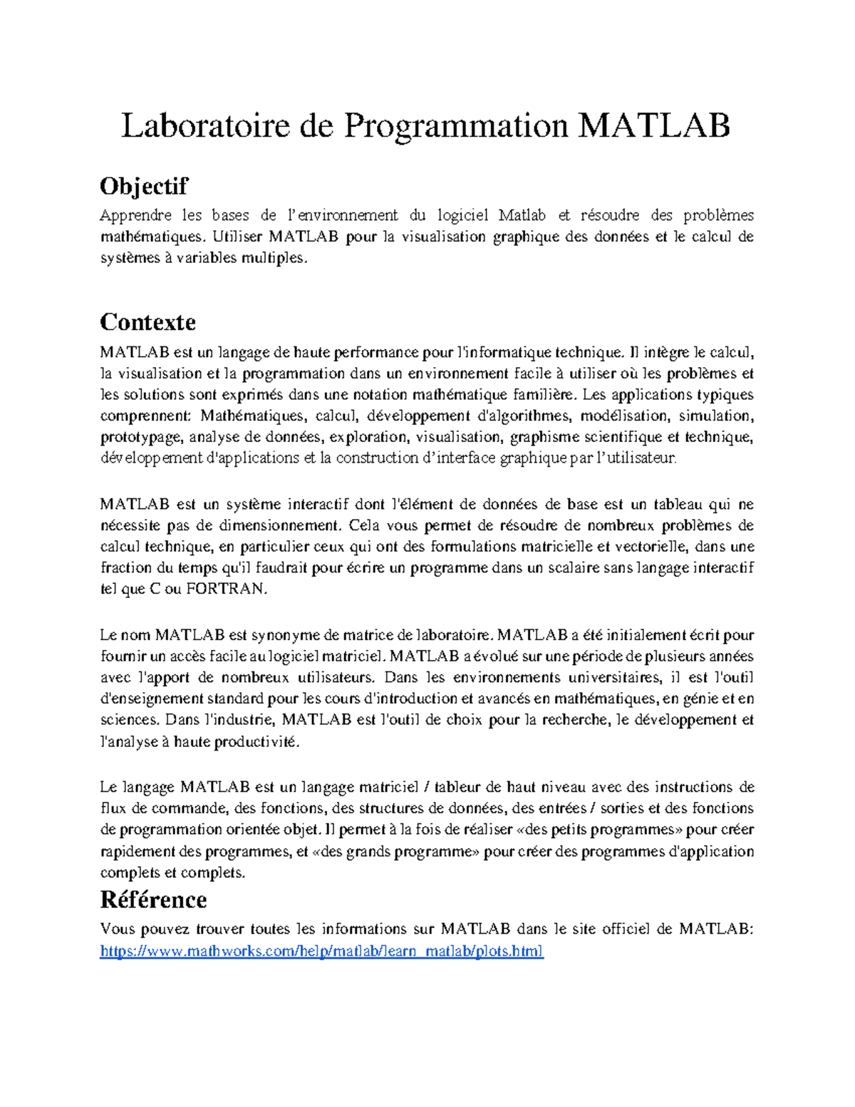 Laboratoire Matlab - lab1 - Laboratoire de Programmation MATLAB ...