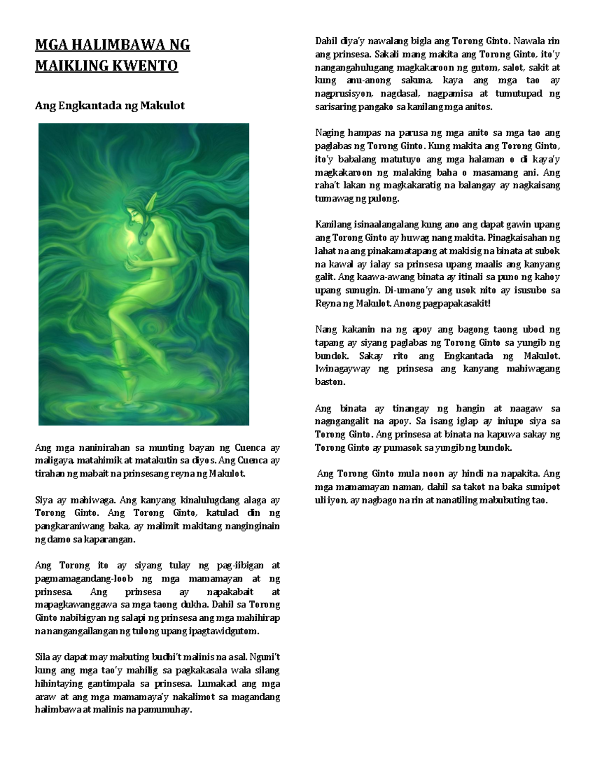 maikling kwento - MGA HALIMBAWA NG MAIKLING KWENTO Ang Engkantada ng Makulot Ang mga naninirahan ...