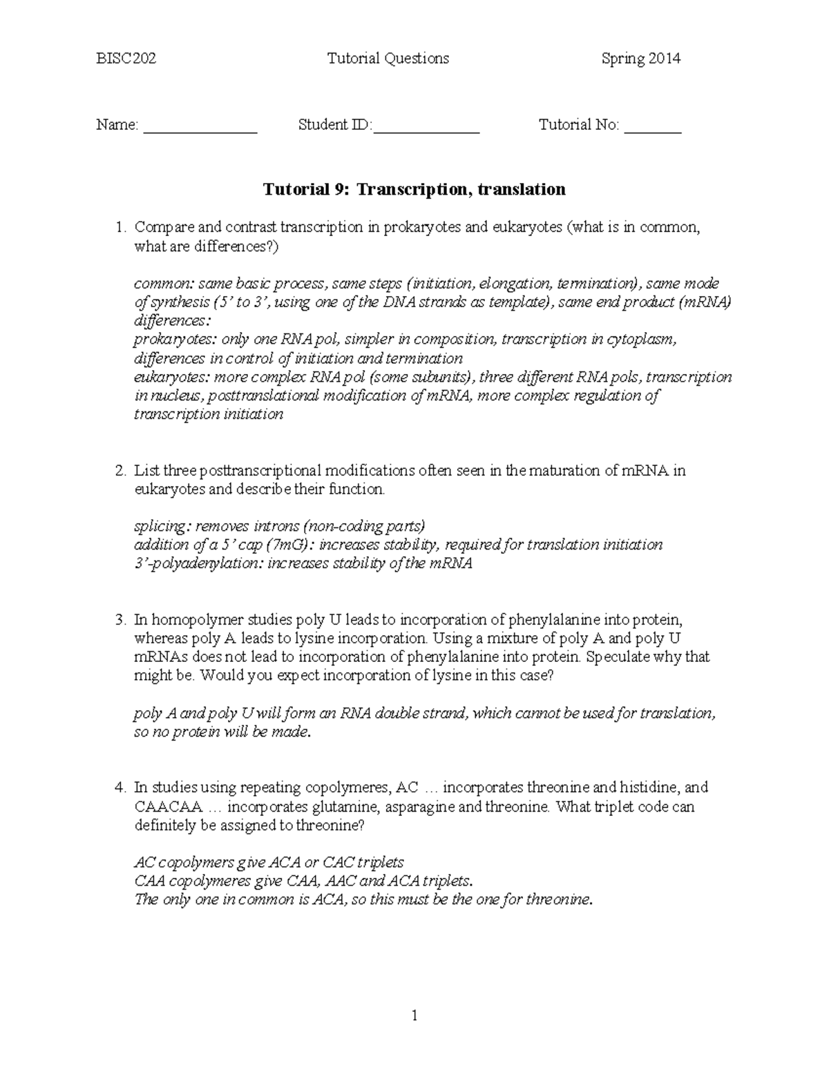 Quiz 9 2014, questions and answers - BISC202 Name ...