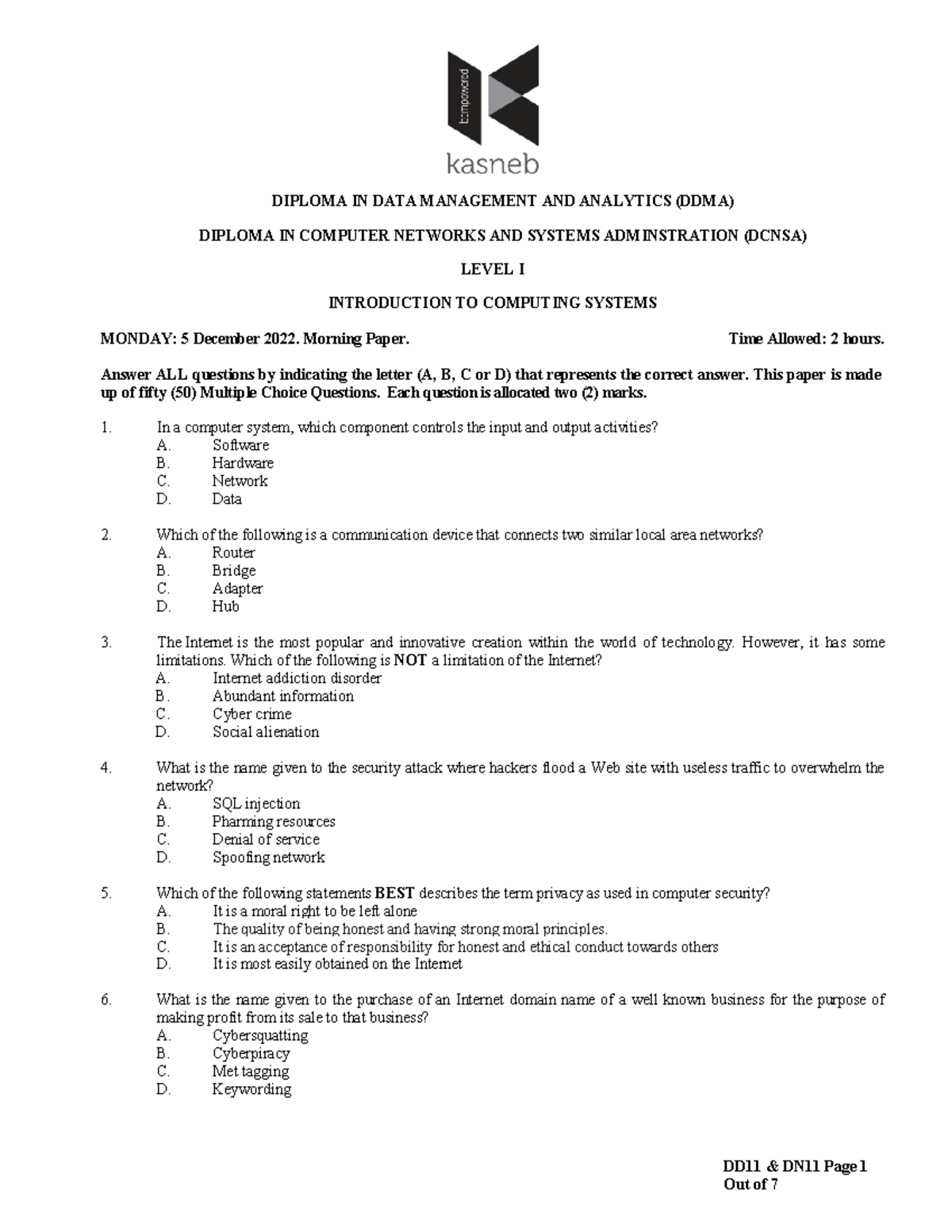 DN11 Introduction to Computing Systems - DD11 & DN11 Page 1 DIPLOMA IN ...