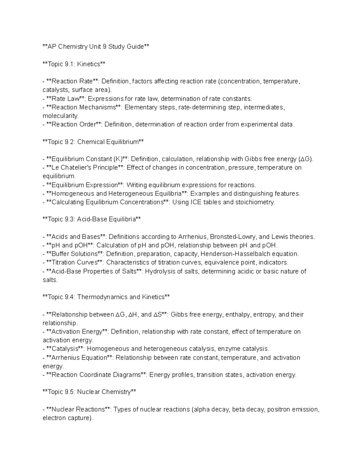 AP Chemistry Unit 9 Study Guide - AP Chemistry Unit 9 Study Guide Topic ...