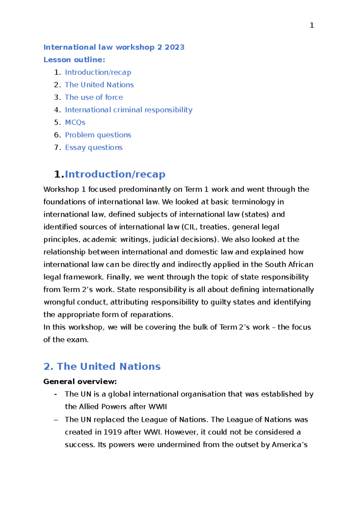International Law Workshop 2 Summary Notes - International law workshop ...