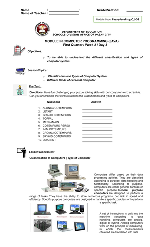 Module IN Programming-Module 2-Q1-WK2-DAY2 - Name of Teacher : ______________________ DEPARTMENT ...