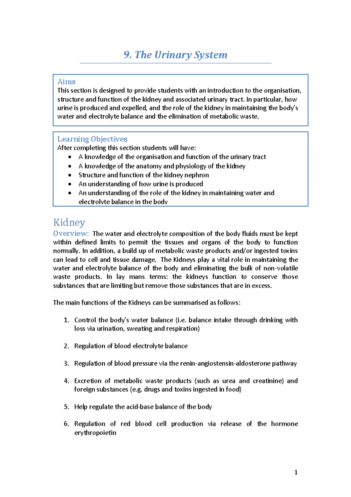 Urinary System - 9. The Urinary System Kidney Overview: The water and ...