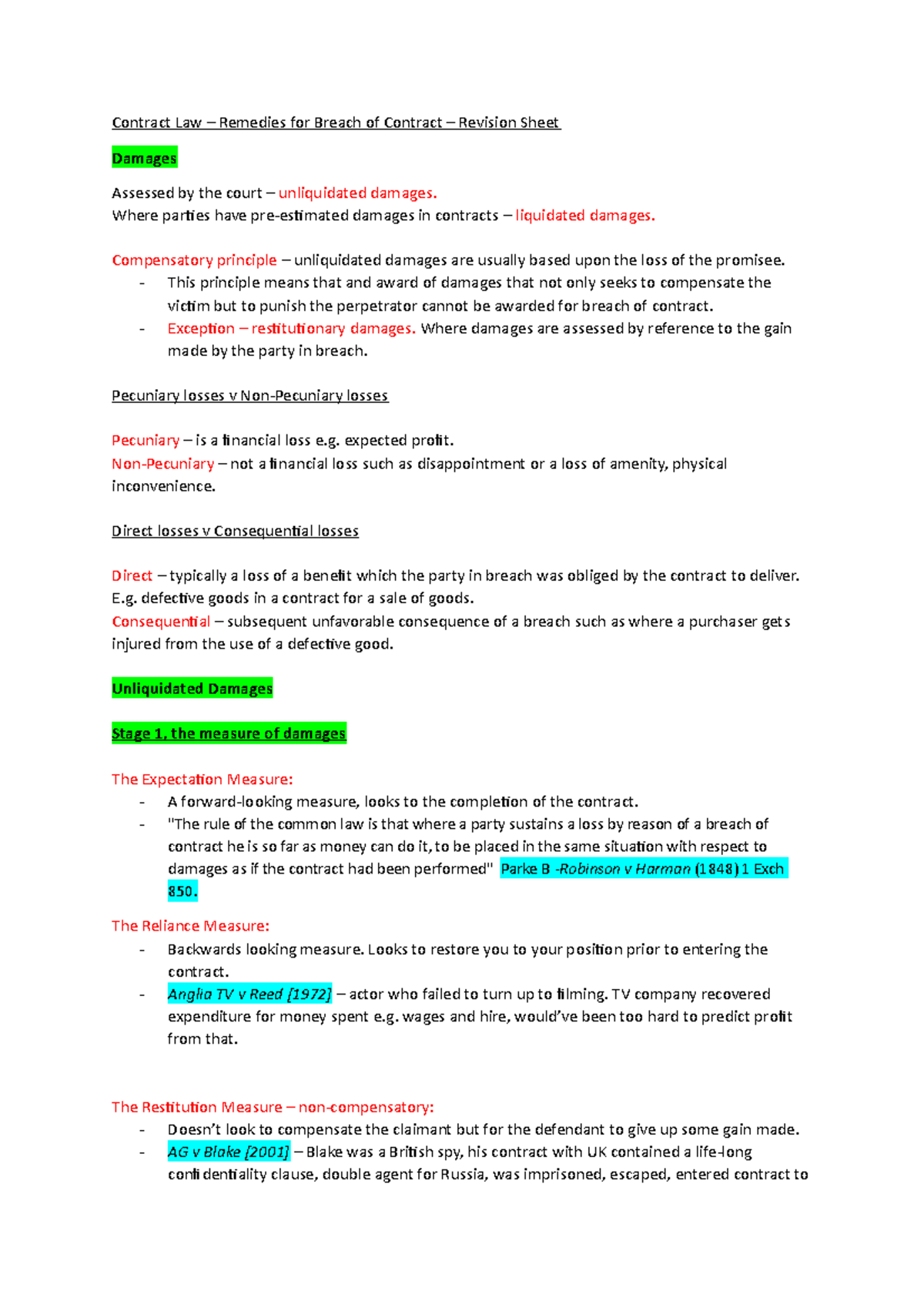 Contract Law Remedies for Breach of Contract - Studocu