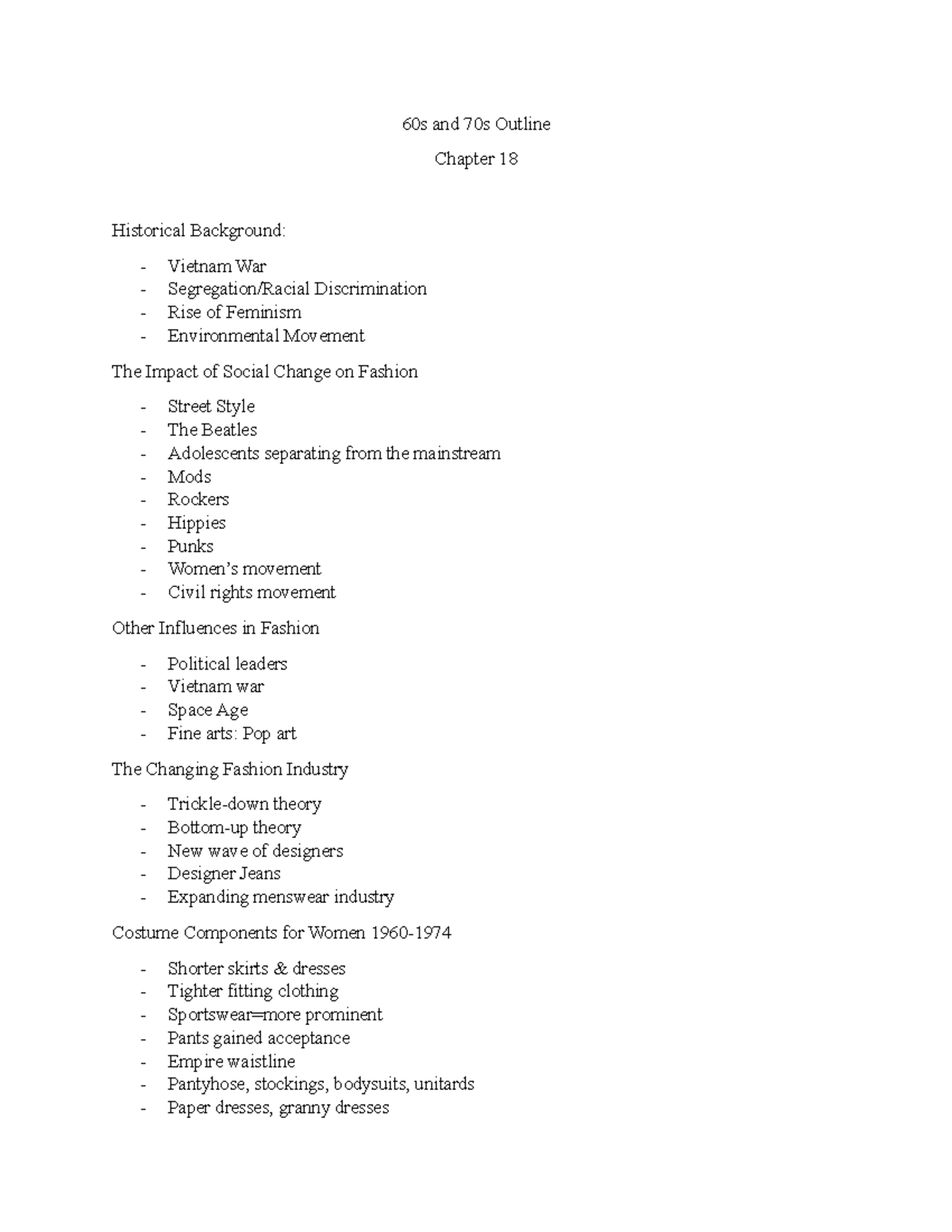 Fashion of 60's and 70's outline - Summary of fashion in the 60s and ...