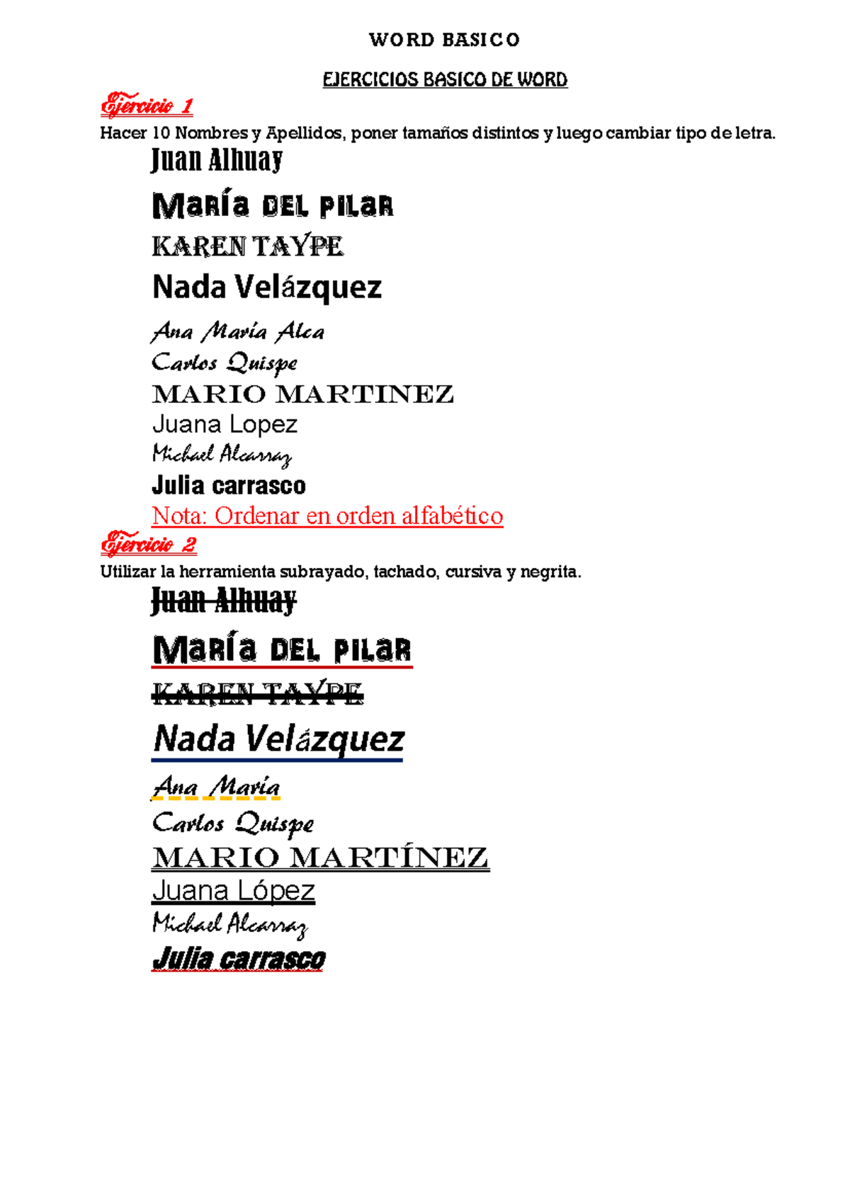 Ejercicio de word basico 1 - Hacer 10 Nombres y Apellidos, poner ...