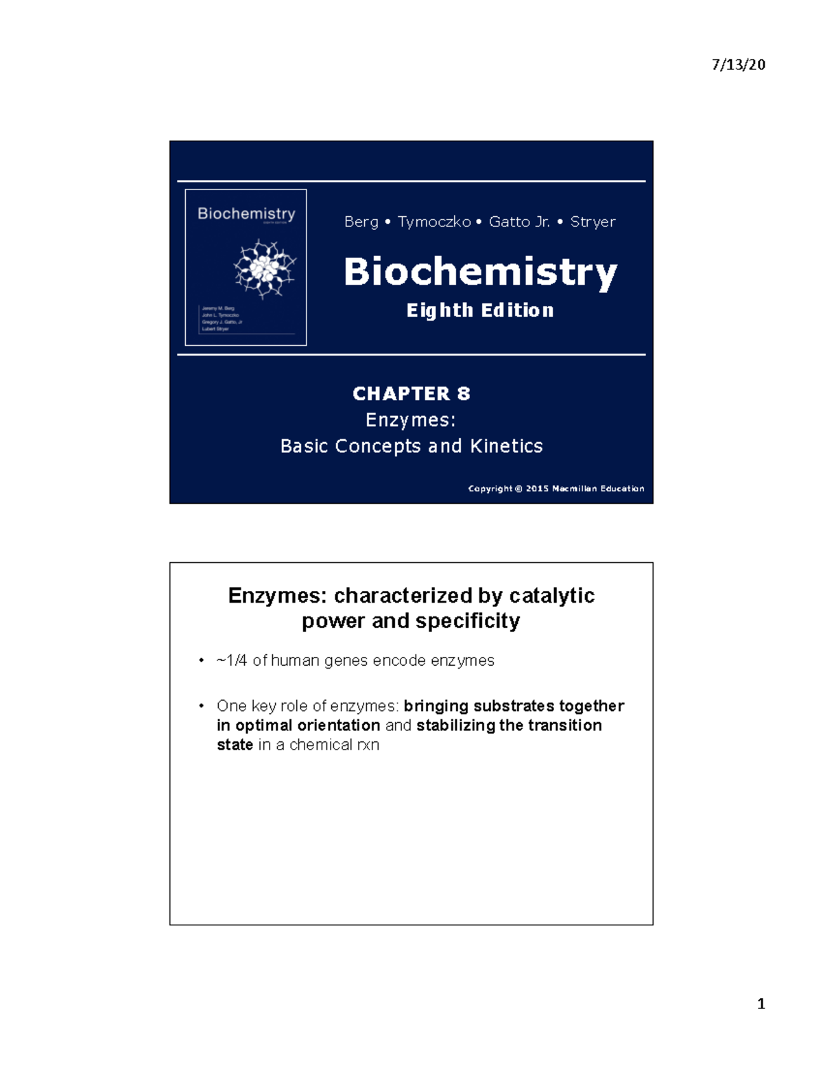BIOL 3611 Ch8 2perpage - lab - Biochemistry Eighth Edition CHAPTER 8 Enzymes: Basic Concepts and ...