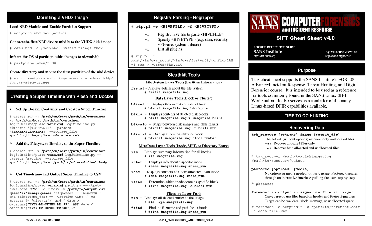 SANS SIFT Workstation Cheat Sheet v4 - Purpose This cheat sheet ...