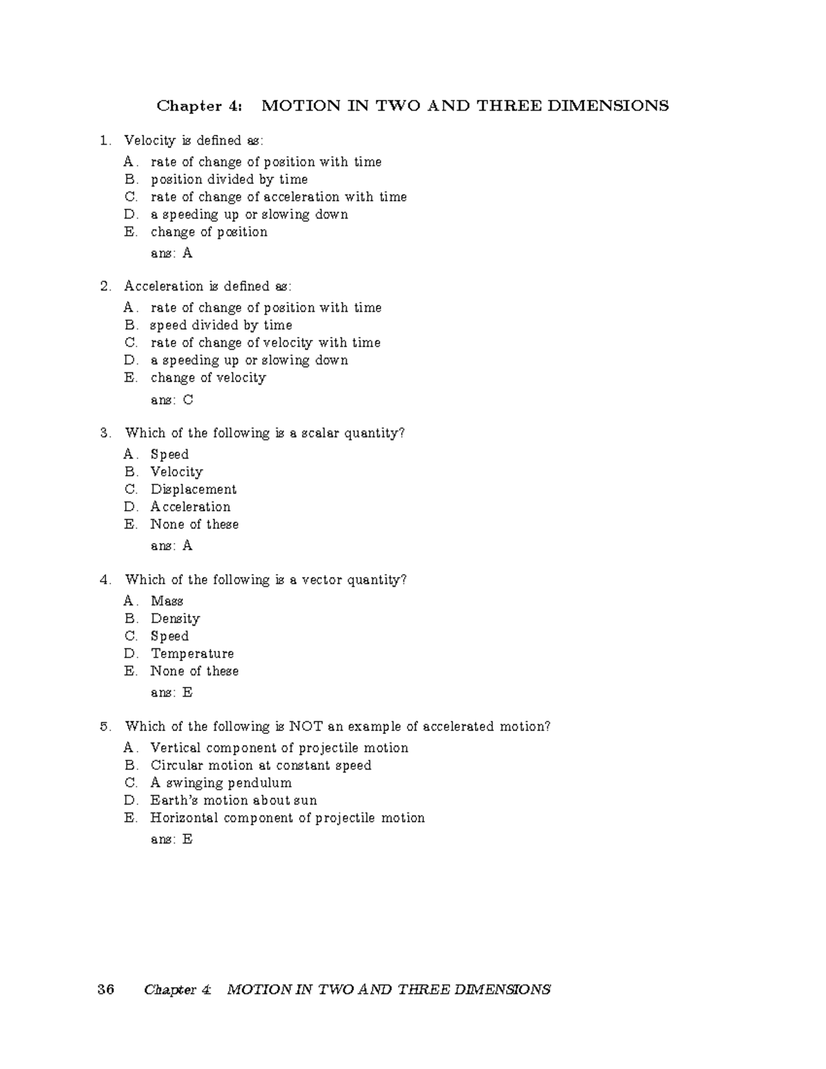 Chapter 4 test bank - PH1016 - Chapter 4: MOTION IN TWO AND THREE ...