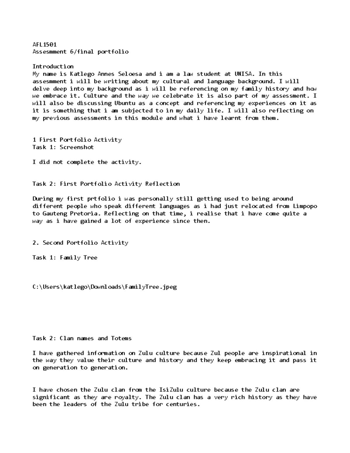 AFL1501 Final Portfolio - AFL Assesmment 6/final portfolio Introduction ...