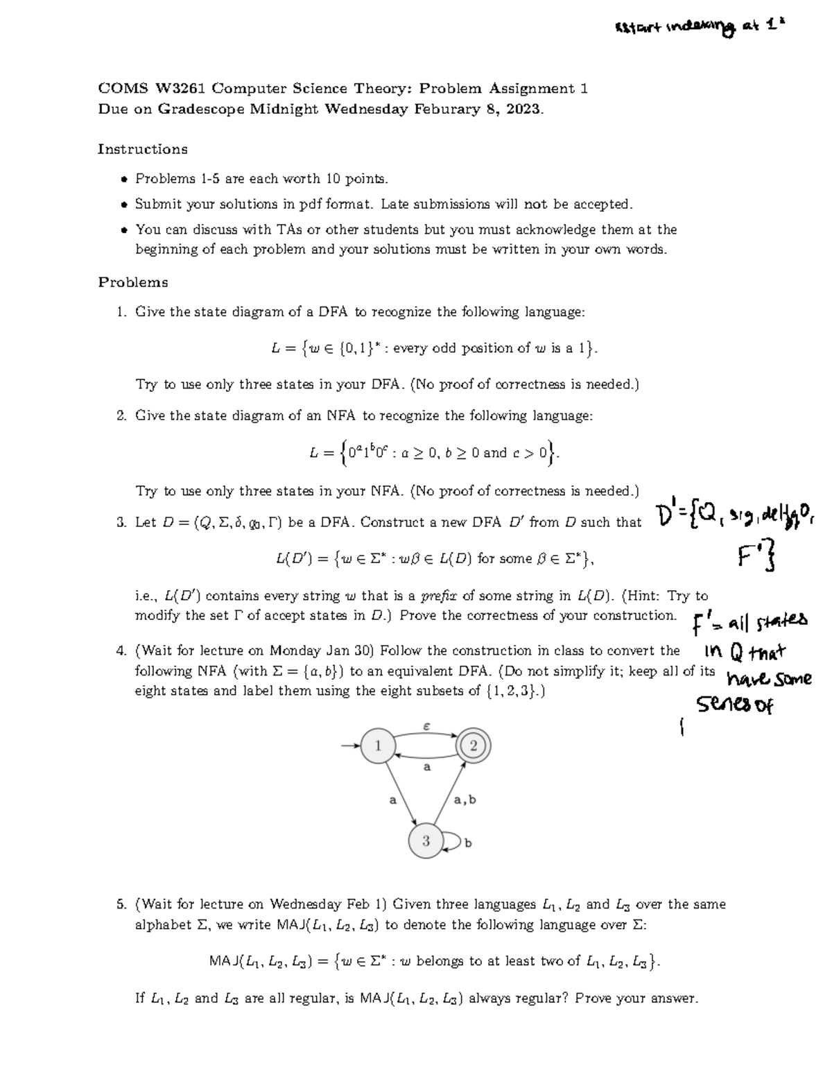 Homework 1 Xi Chen Coms W3261 Computer Science Theory Problem Assignment 1 Due On