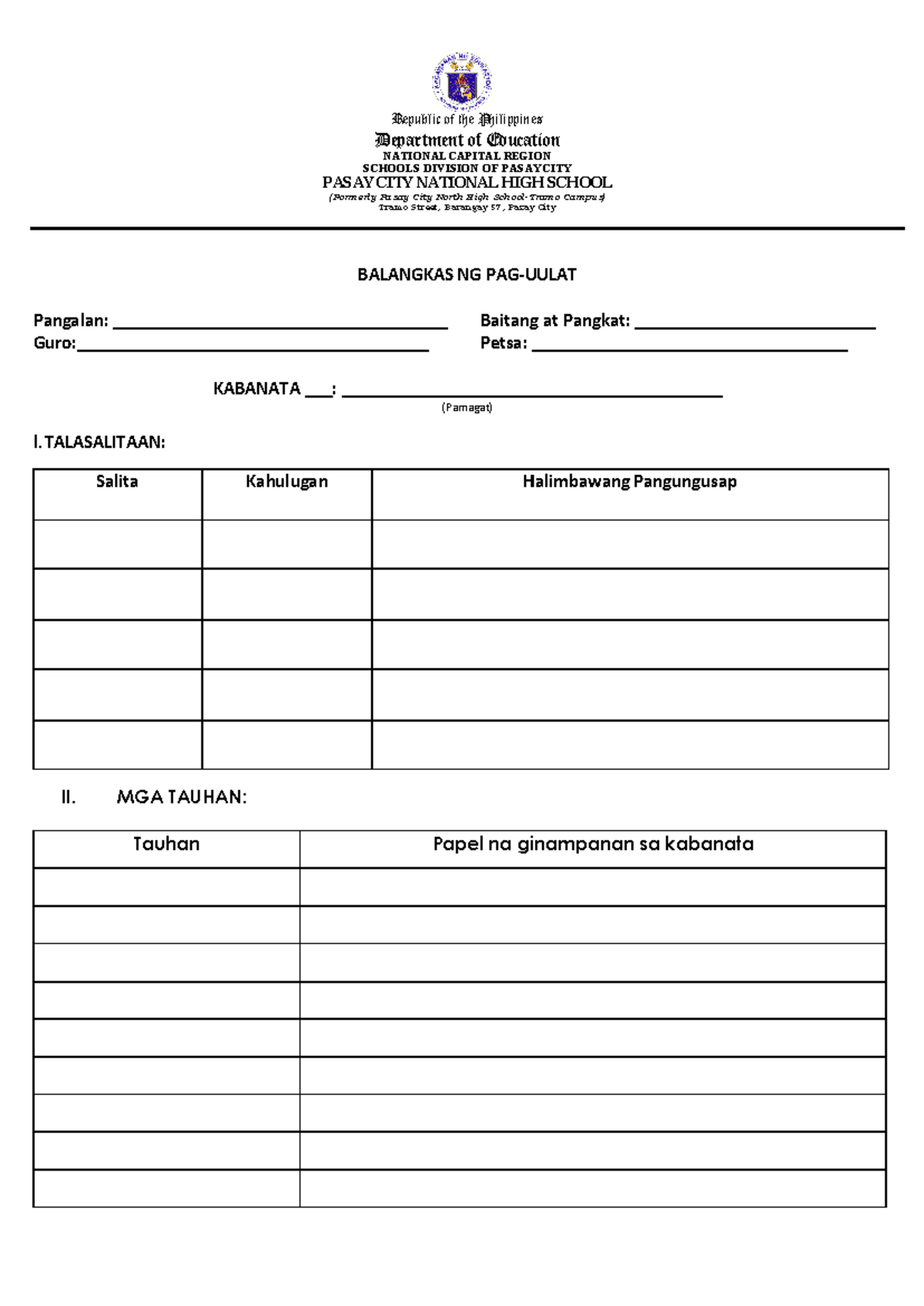 Balangkas NOLI - Republic of the Philippines Department of Education ...