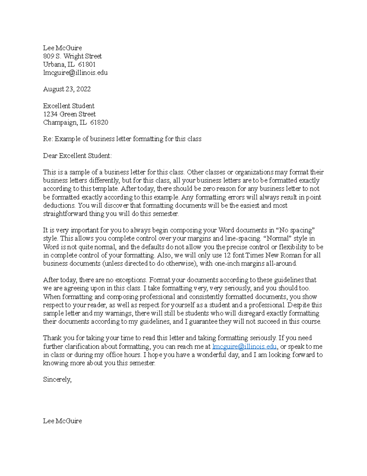 Format of a business letter and memorandum - Lee McGuire 809 S. Wright ...