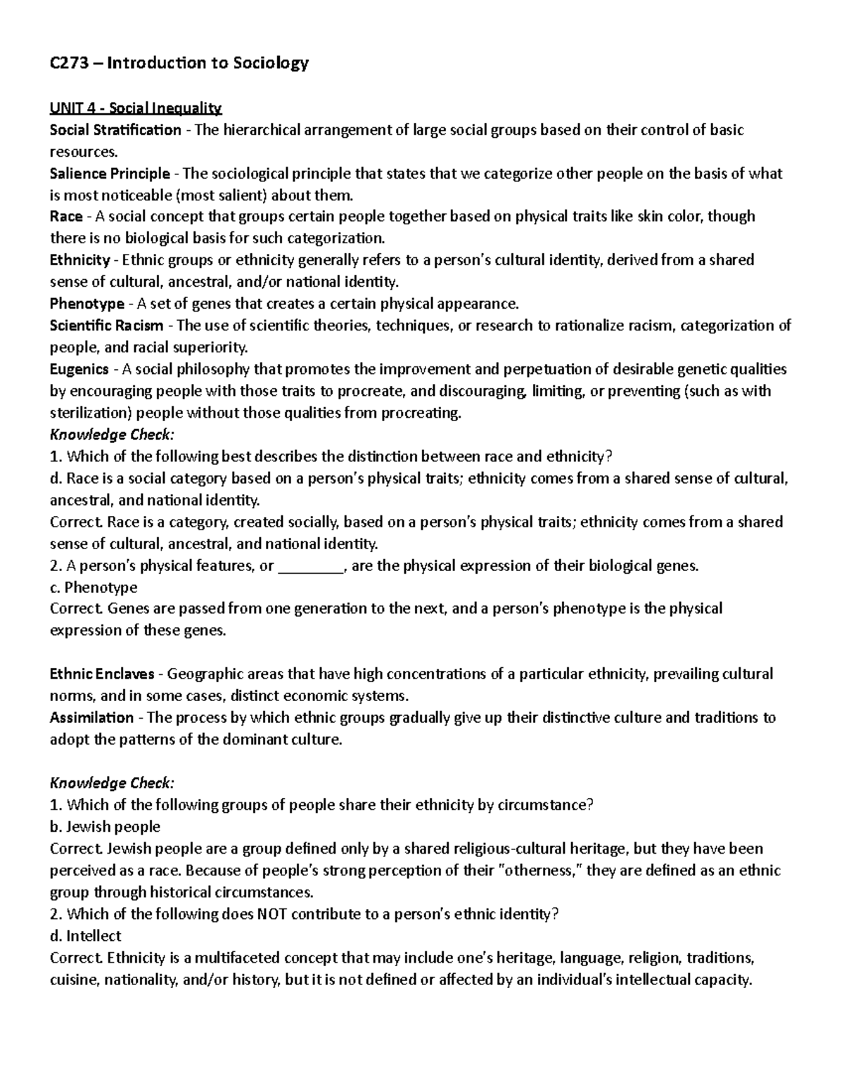 C273 Intro to Sociology UNIT 4 Notes - C273 – Introduction to Sociology ...