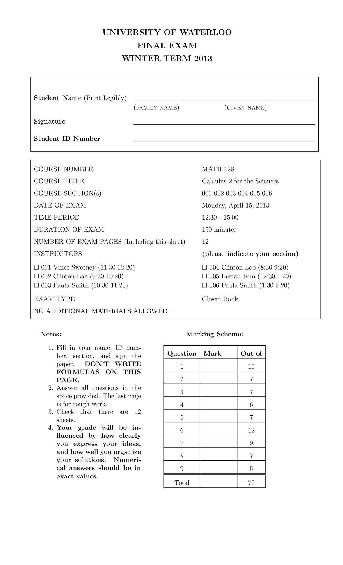 Final exam 2013, questions - UNIVERSITY OF WATERLOO FINAL EXAM WINTER ...