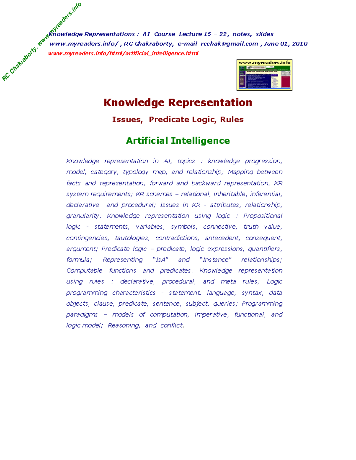 03-Knowledge Representations for AI course - _RC Chakraborty, myreaders ...