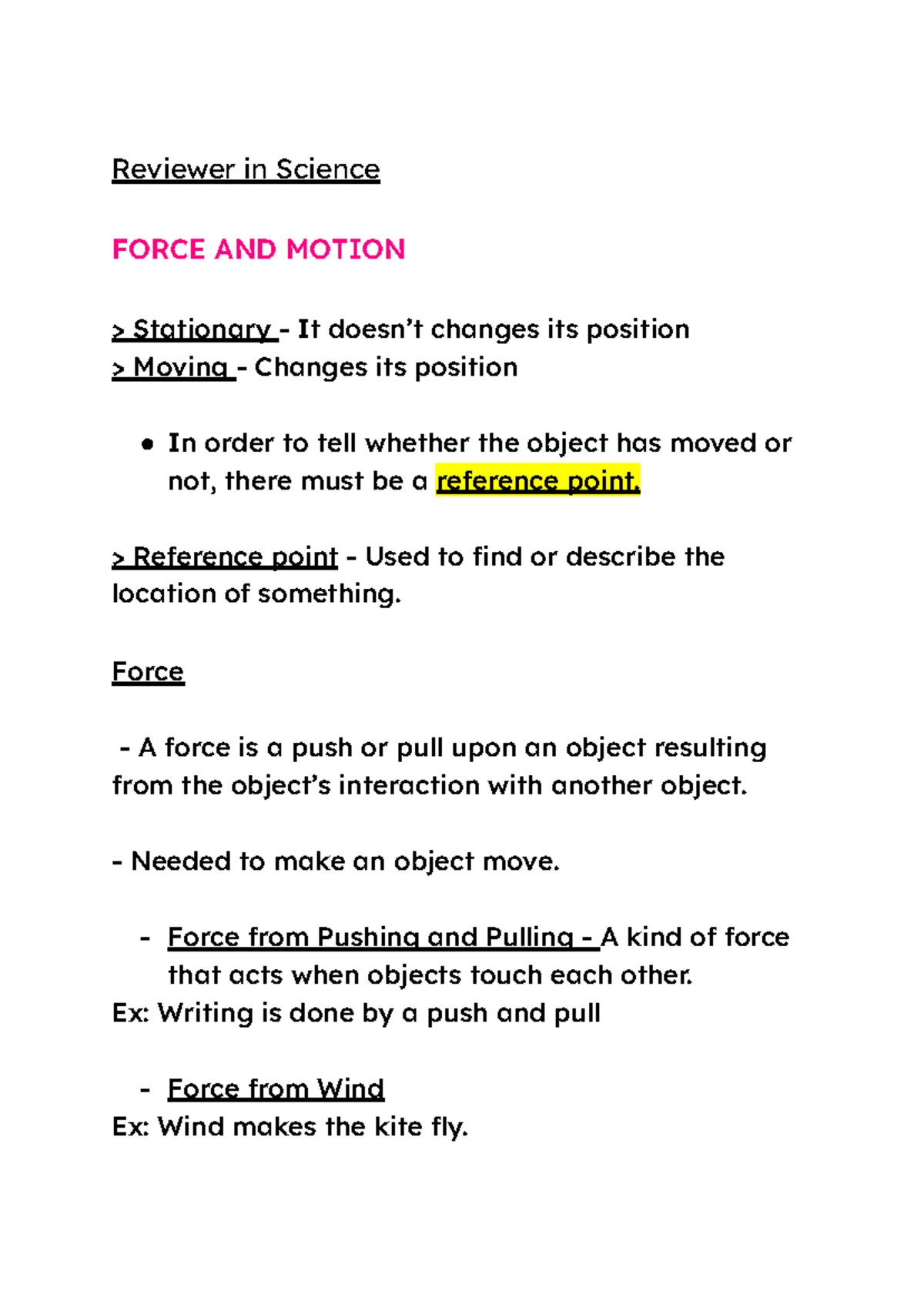 Science Reviewer Grade 3 - Reviewer in Science FORCE AND MOTION ...